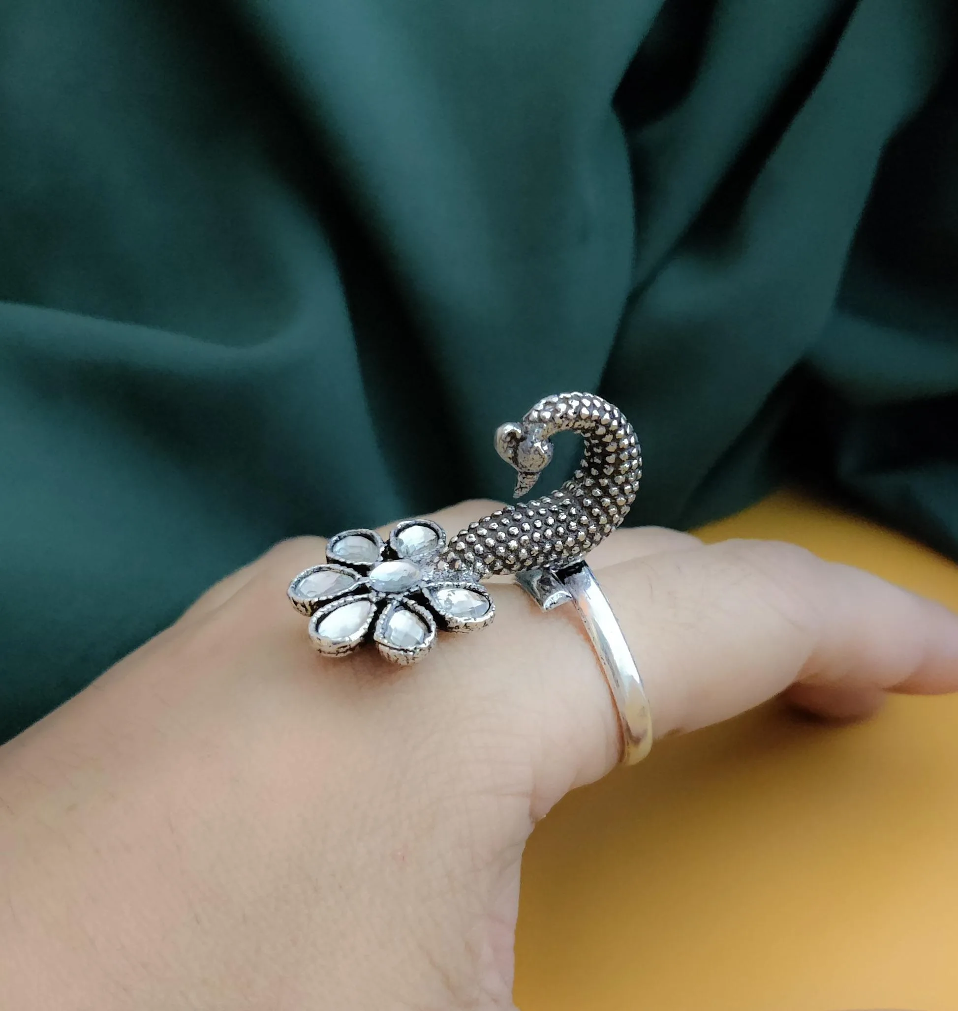 White Peacock Flower Oxidised Ring: Indian Style For Women - Glamaya