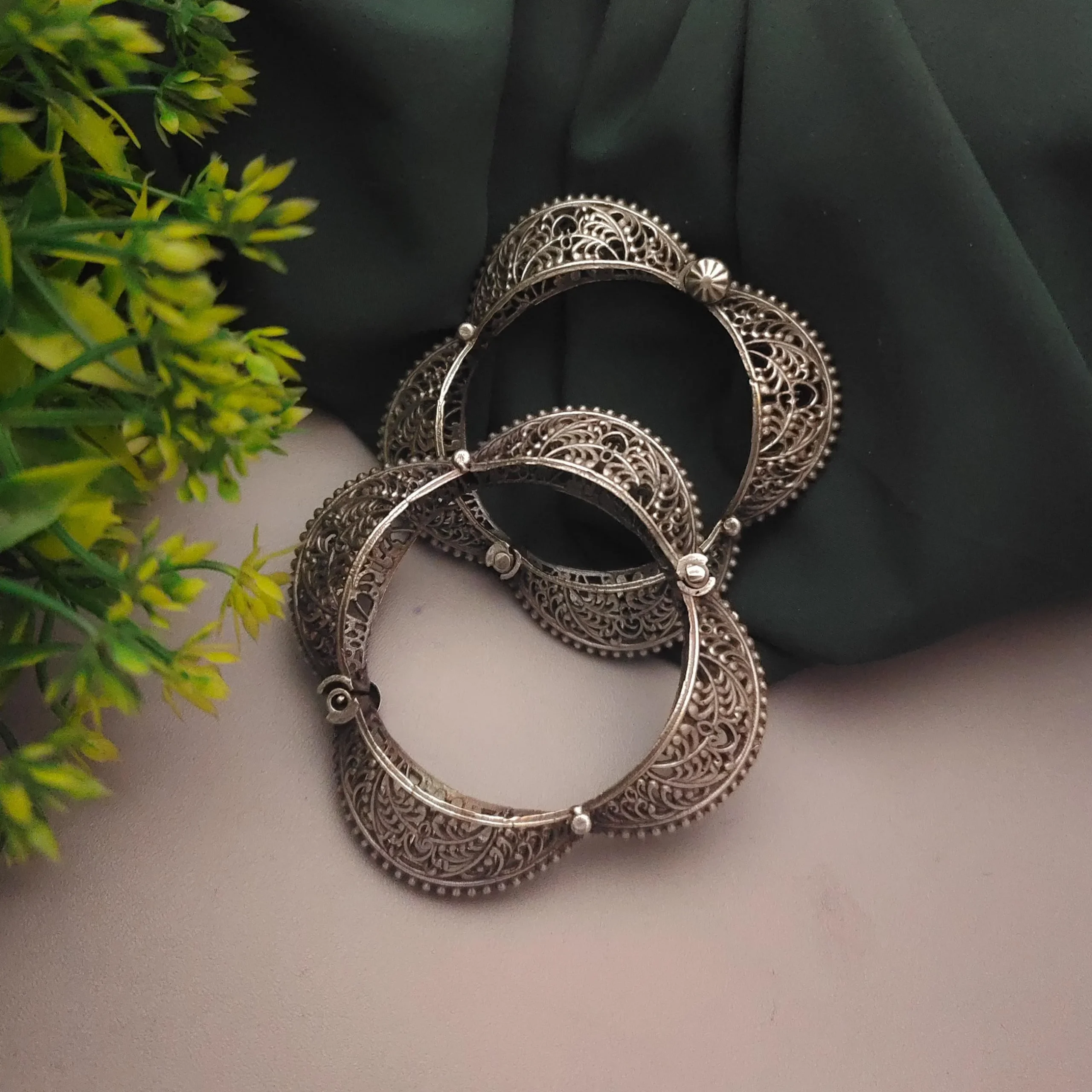 Stunning Silver Lookalike Antique Bangle Set For Women - Glamaya