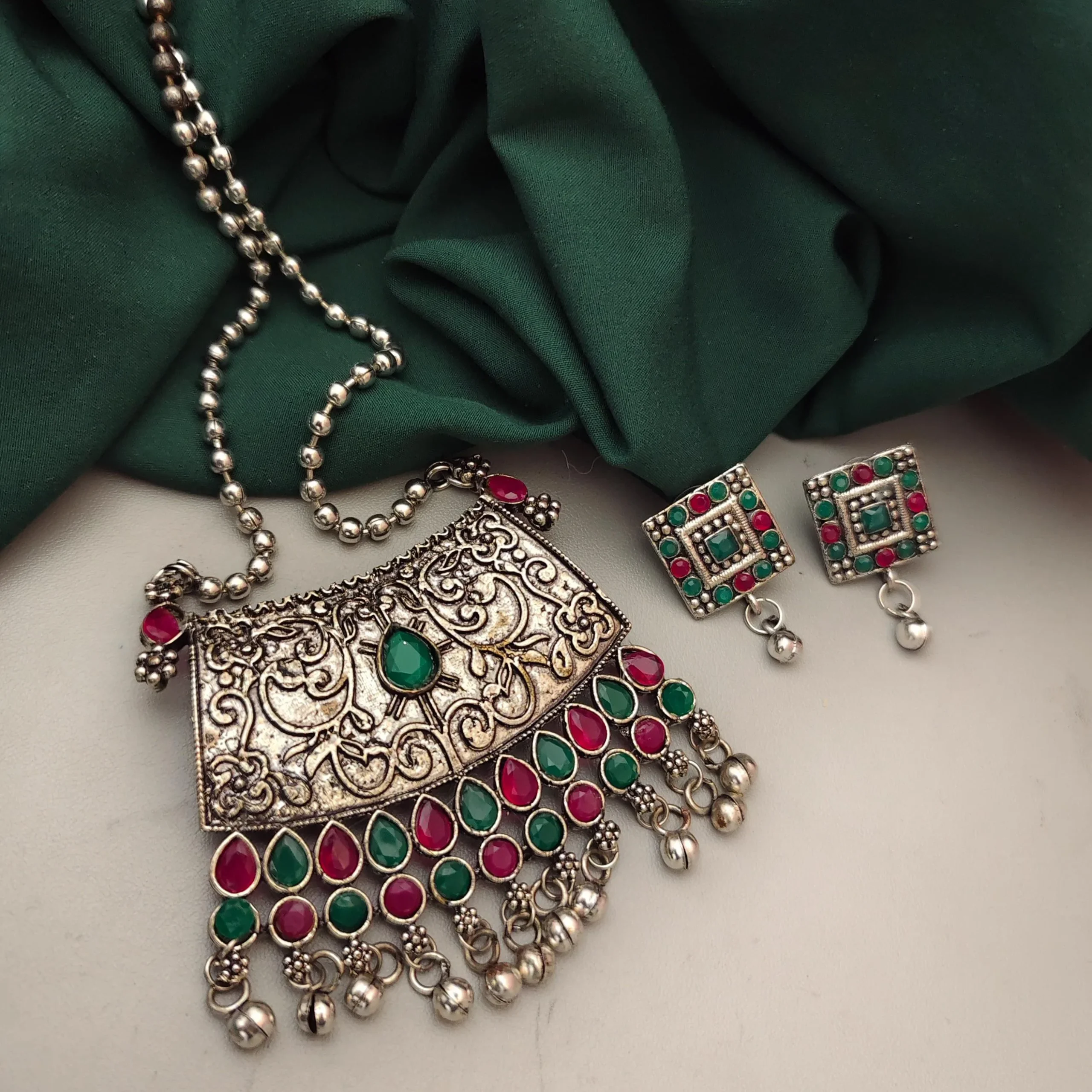 Multi-color Premium Oxidized Jewelry Set: Long Chain Necklace Earrings ...