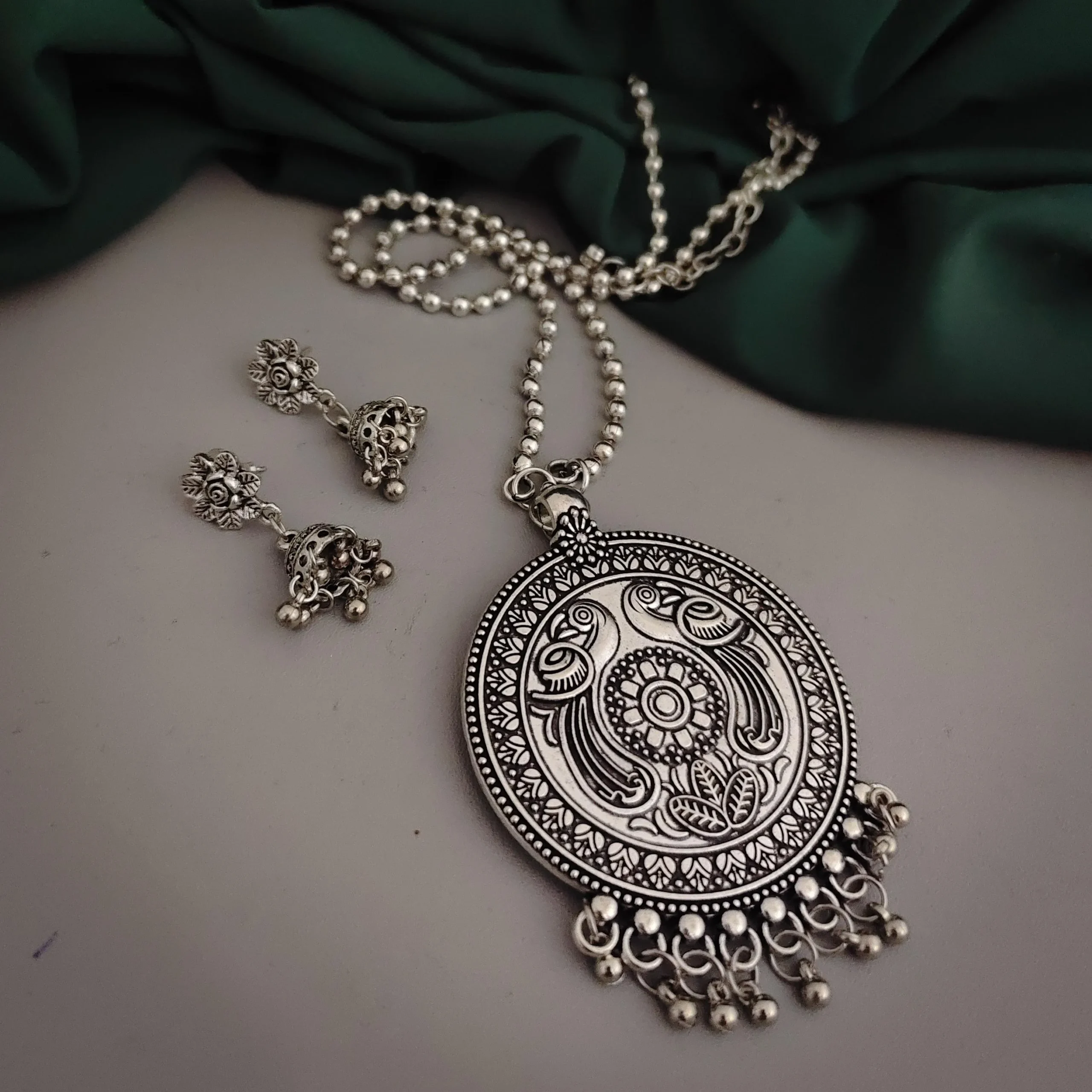 Peacock Chain Necklace Earrings Set - Traditional Oxidised Combo - Glamaya