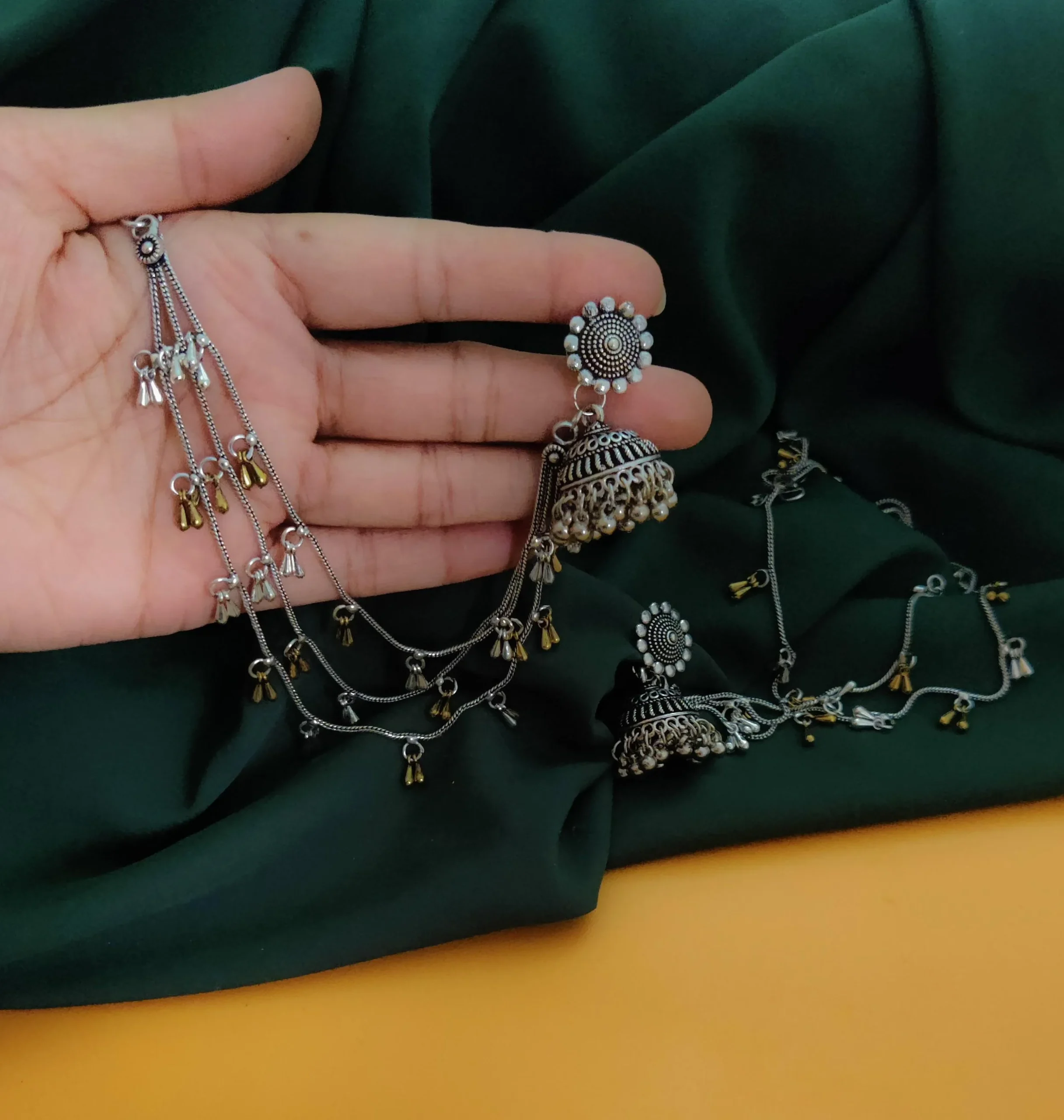 Glamaya Stunning Brass Two Tone Chain Jhumka Earring Designs 2021