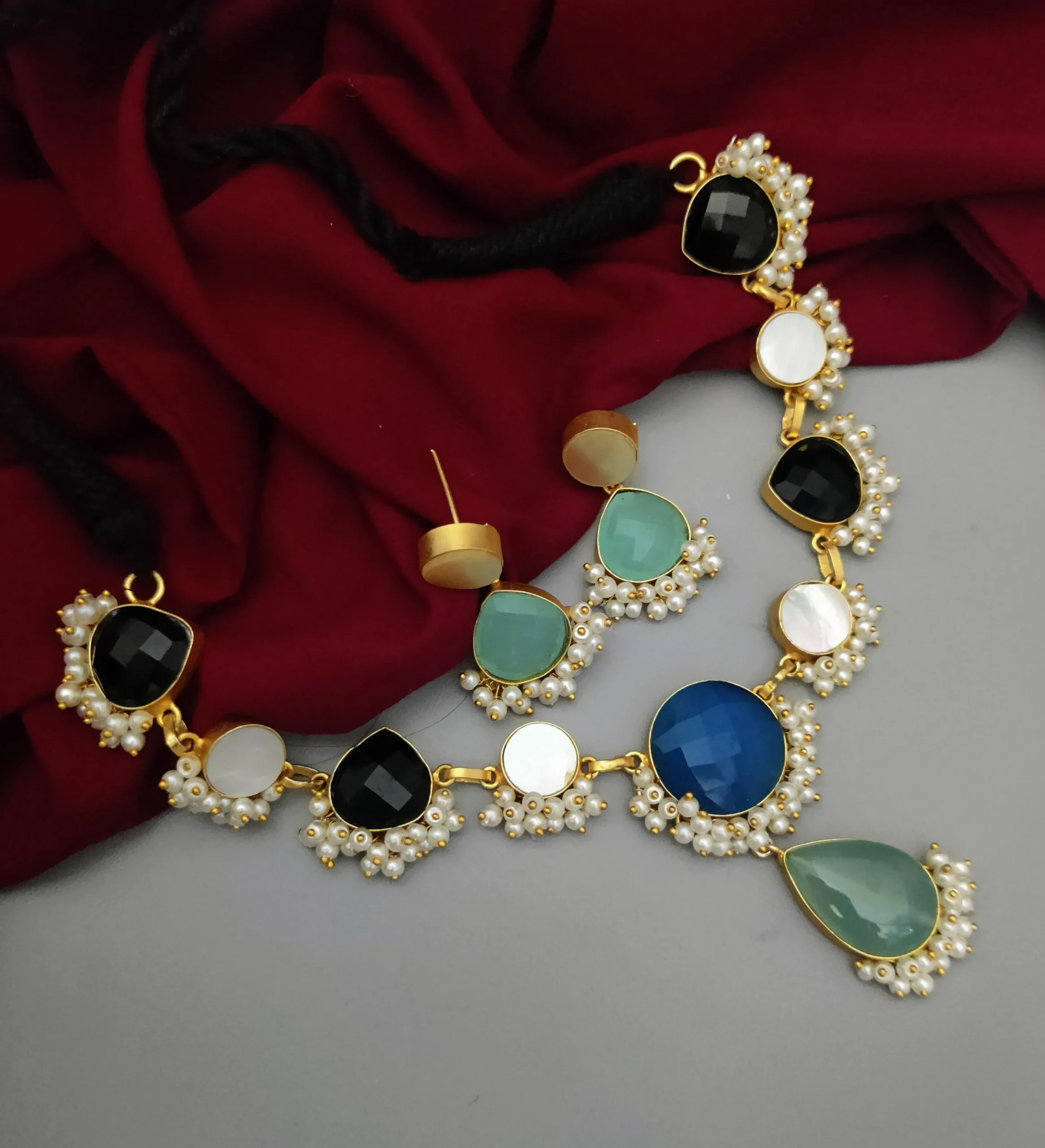 Multi Colour Natural Stone Matte Finish Jewelry Set - Glamaya