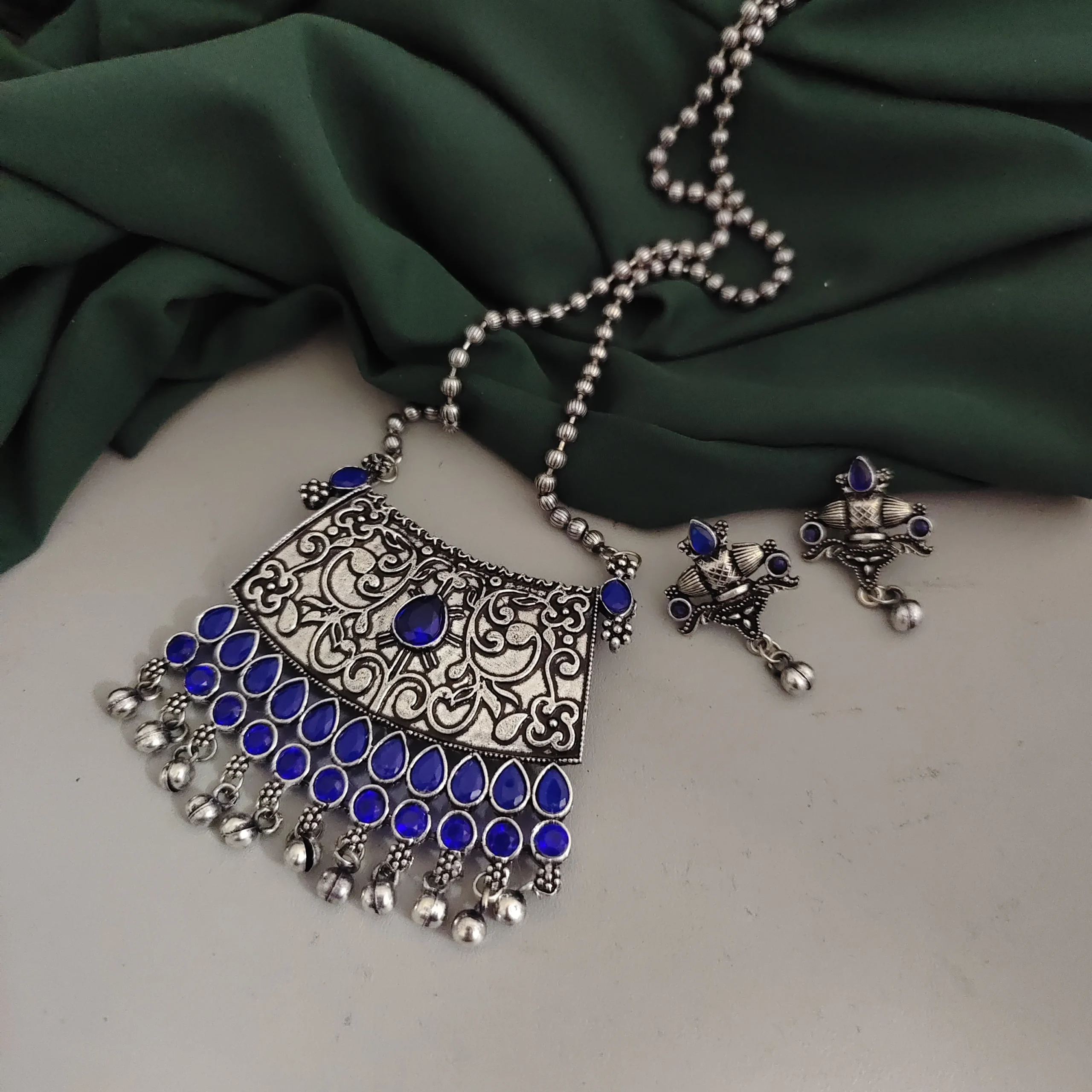 Blue Stone Chain Necklace Earring Set: Trendy Oxidised Combo - Glamaya
