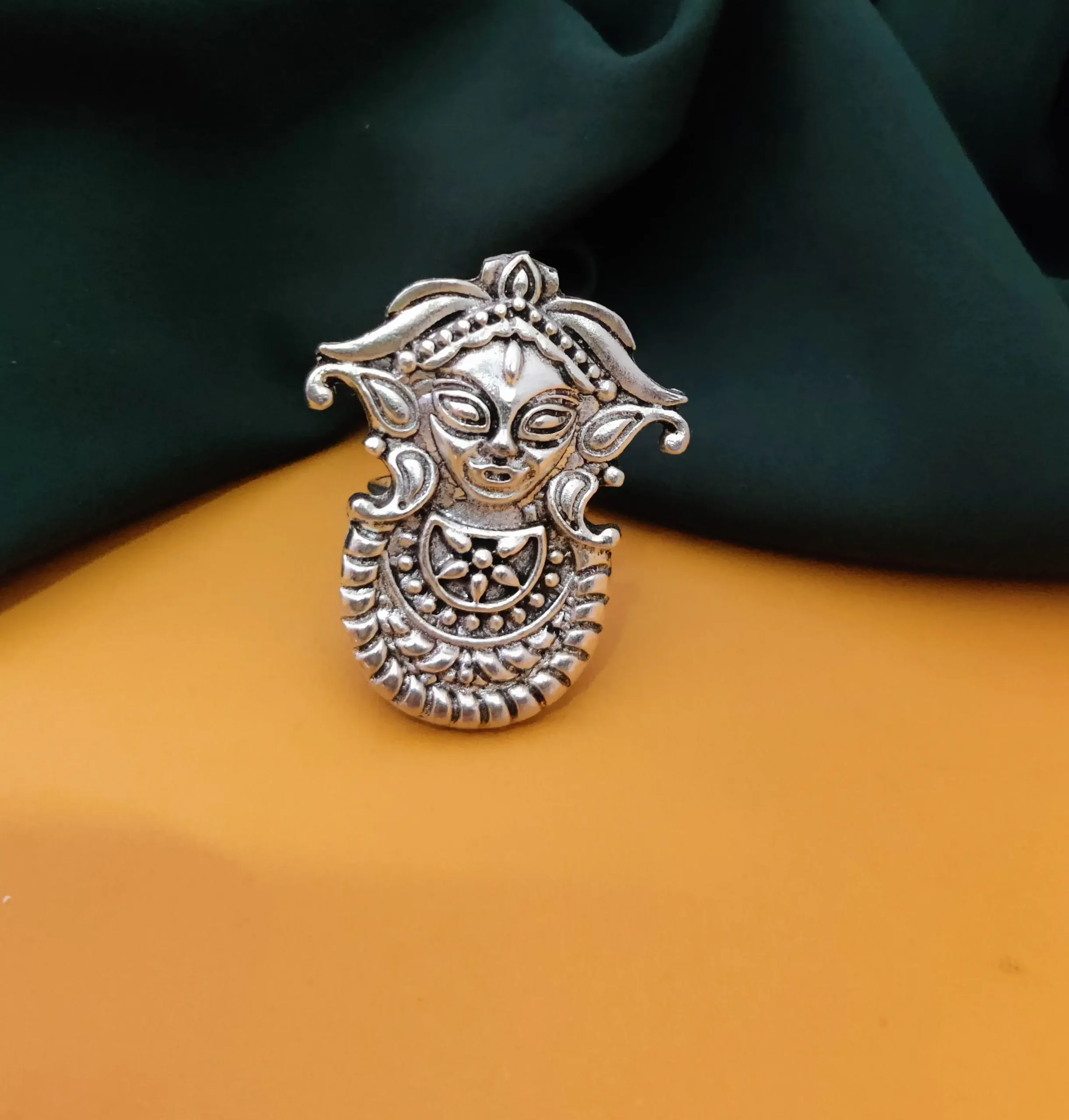 Durga Maa Adjustable Oxidised Finger Ring For Women - Glamaya