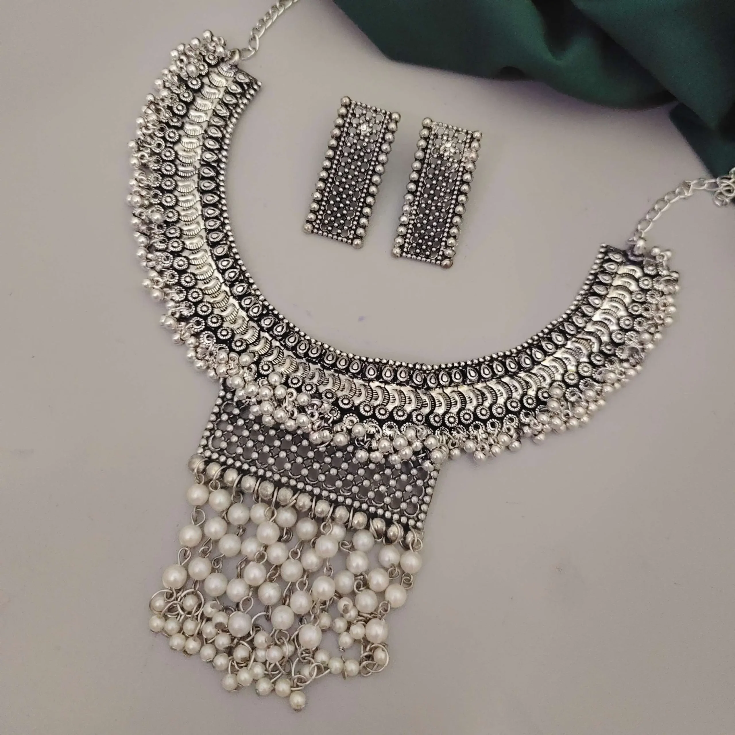 Stylish Oxidised Fusion Pearl Choker Set - Glamaya