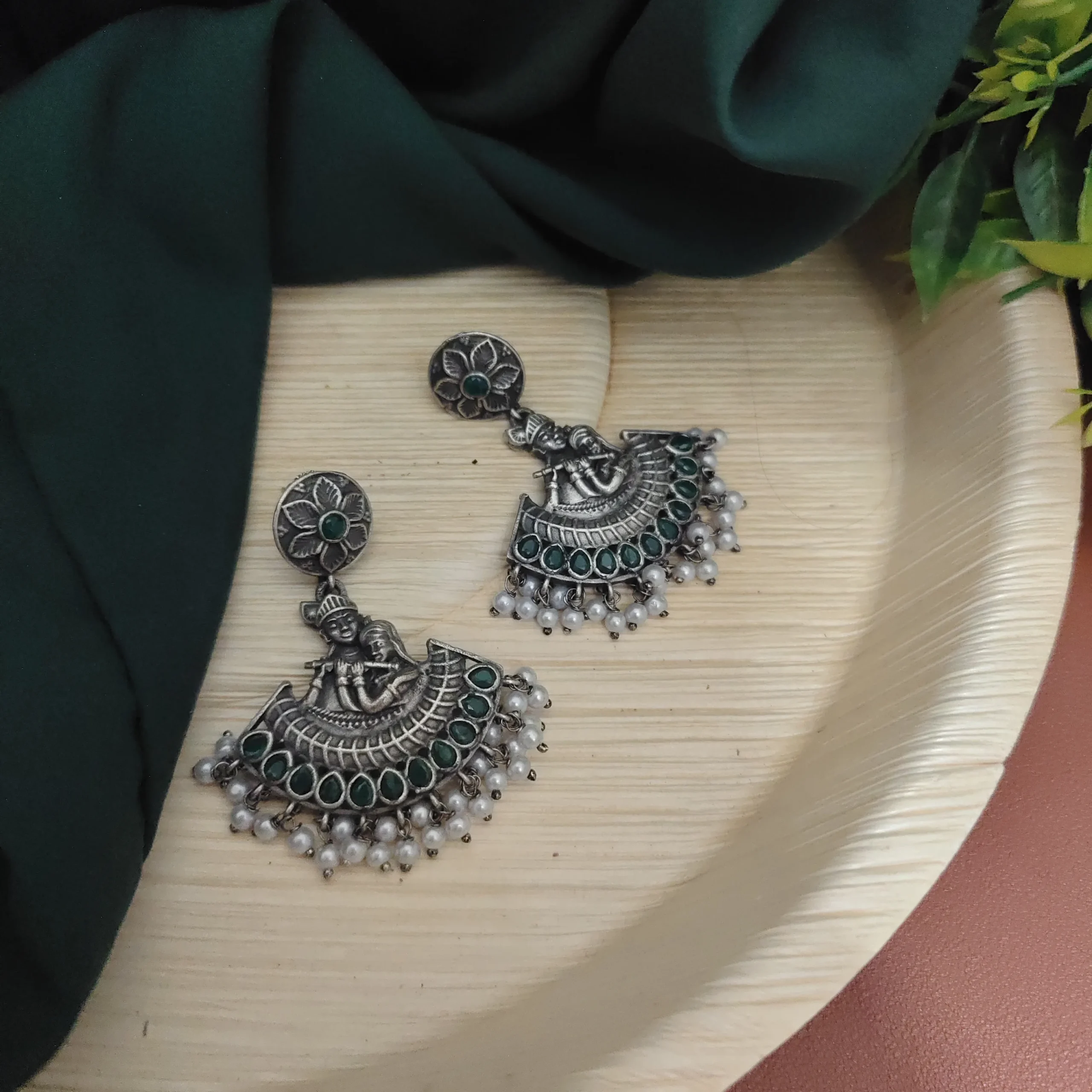 Radhekrishna Silver Dangle Earrings | Traditional Indian Jhumka - Glamaya