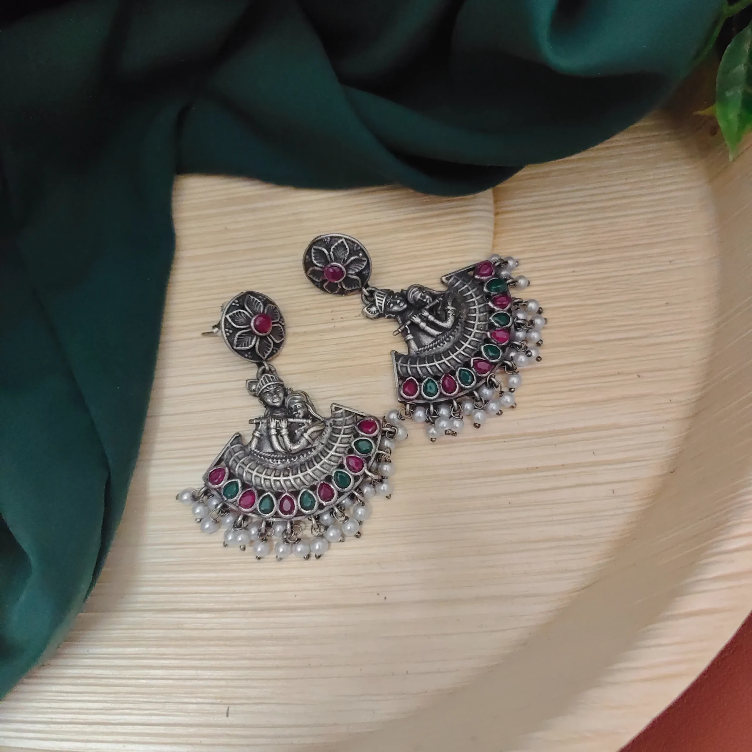 Radhekrishna Silver Dangle Earrings | Traditional Indian Jhumka - Glamaya